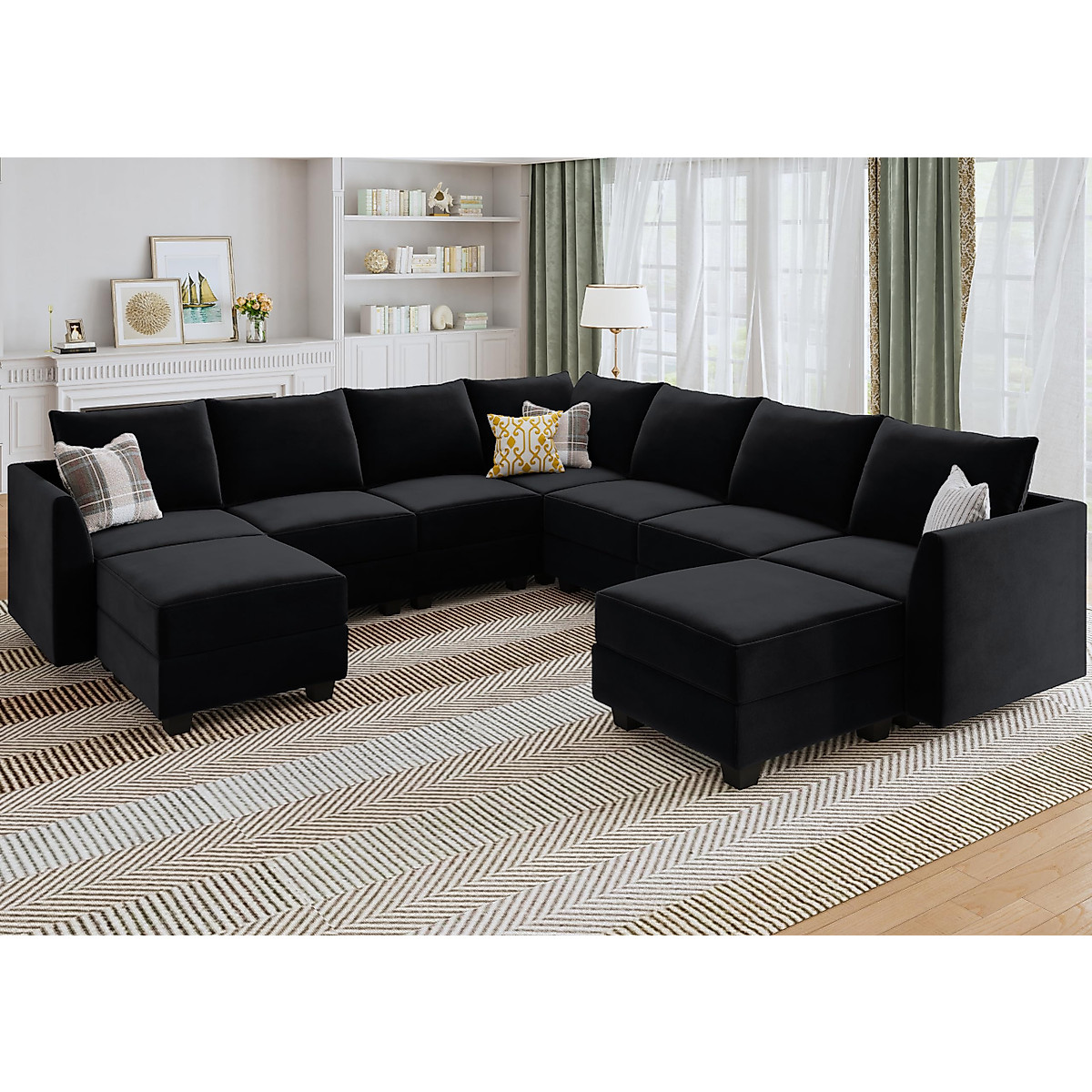 HONBAY Modular Sectional Sofa Velvet U Shaped Couch with Storage Oversized Sectional Sofa Couch for Living Room, Black