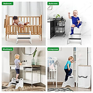 Ollieroo Bamboo 2 Step Stool, Heavy Duty Kids Step Stool with Non-Slip Stepping Surface, Stepping Stool for Kids Adults, Toddler Step Stool for Bathroom Sink Kitchen Counter Bedside(White)