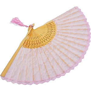 Womens Multi Color Handmade Cotton Lace Folding Hand Fan (Black-A) (Pink)