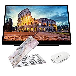 HP E14 FHD (1920 x 1080) Portable Travel Monitor Bundle with USB Type-C, Pink Gemstone Bluetooth Folding Wireless Keyboard, and White Pebble M350 Bluetooth Wireless Mouse