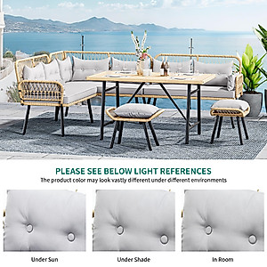 YITAHOME Patio Wicker L-Shaped Furniture Set, All-Weather Rattan Outdoor Conversation Sofa Set for Backyard Deck with Soft Cushions,Ottomans and Plastic Wood Dining Table (Light Brown+Gray)