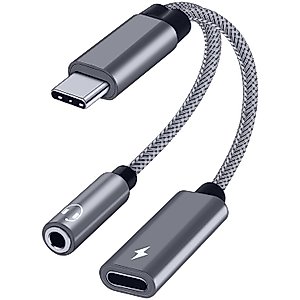 Feipu USB C to 3.5mm Headphone and Charger Adapter, 2 in 1 Jack Adapter Hi-Res DAC Fast Charging Dongle Cord Compatible with Google Pixel 5 4 3 XL, Galaxy S21/S21+ Note 10/20, Gray