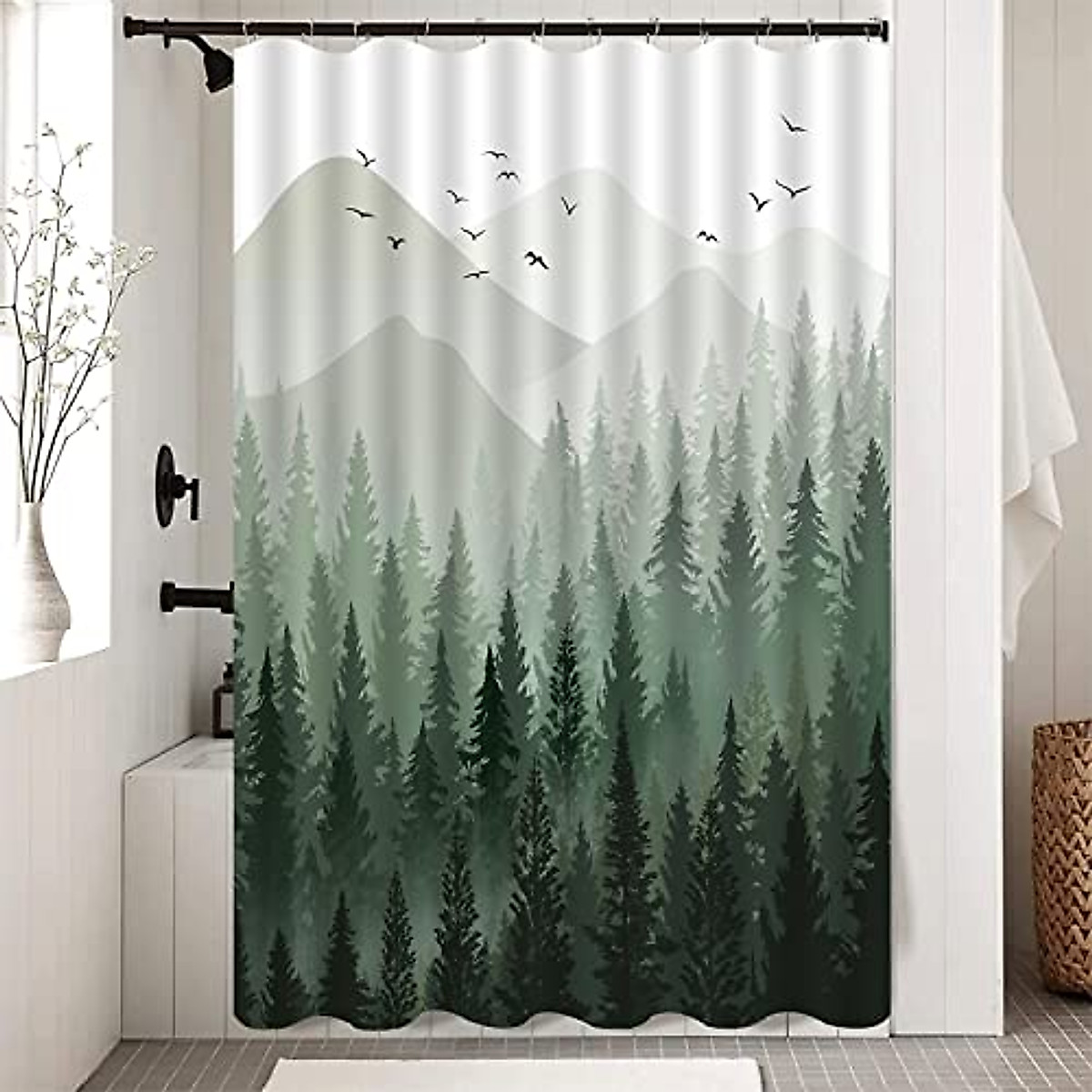 ZYLLGLOW Forest Shower Curtain Set Boho Shower Curtain Set with Rugs, Abstract Mountain Bathroom Decor Accessories Bathroom Set with Shower Curtain and Rugs Leaves Curtain Set