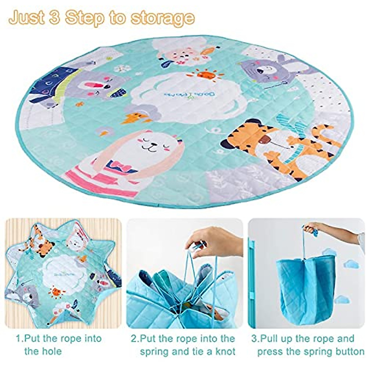 ABREEZE Baby Kids Play Mat Tummy Time Floor Mat Drawstring Toy Bag Foldable Soft and Washable Toys Storage Organizer Children Play Rugs with 59 inches Large Diameter(Pink)