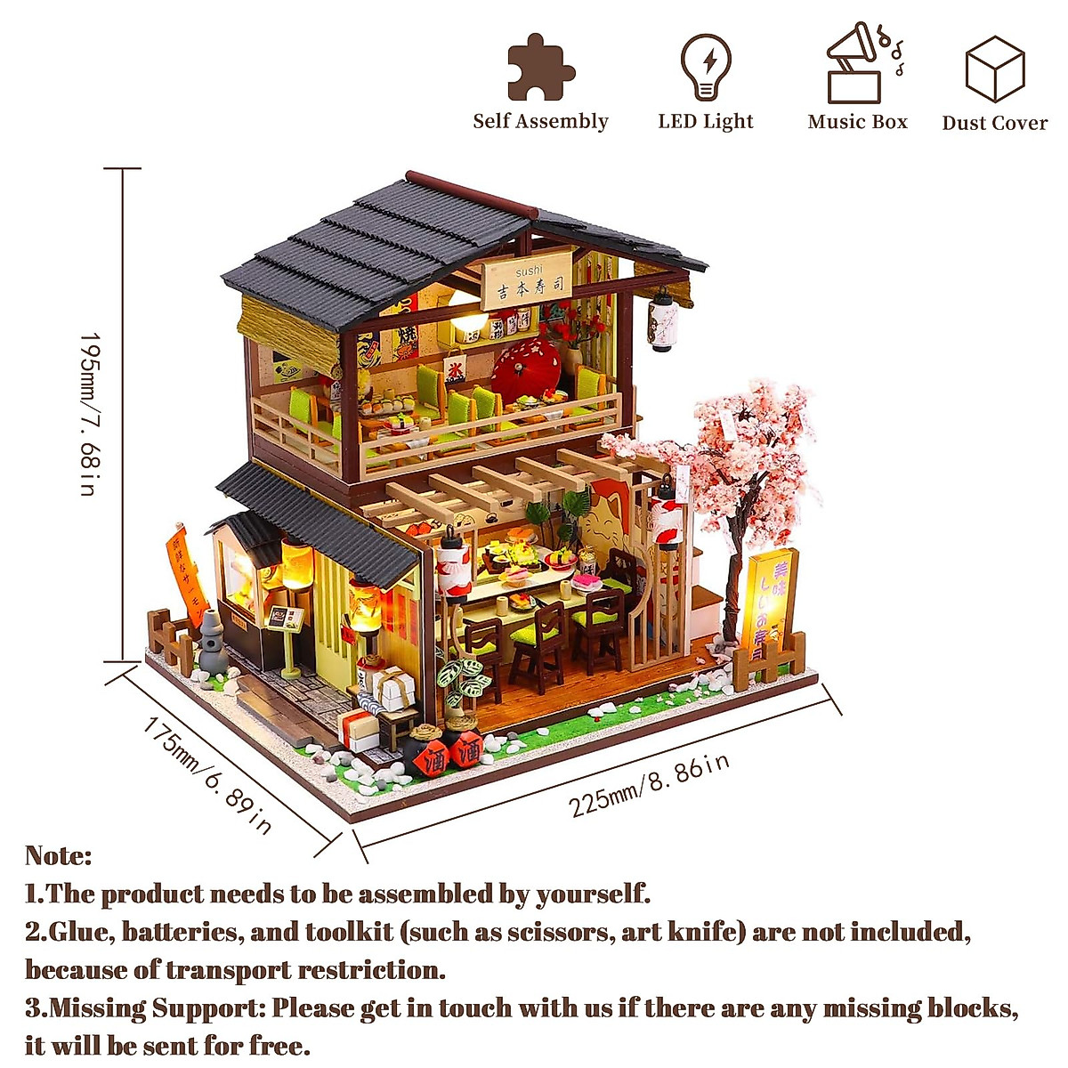 DIY Miniature Dollhouse Kit, Japanese Tiny House Model with Music Box, LED Light, Dust Proof Cover, 3D Wooden Puzzle for Adults, Creative Handmade Crafts Home Decor Hobby Birthday Gift (Sushi Shop)