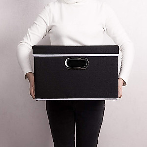 PRANDOM Foldable Storage Bin with Lid [5-Pack] Linen Fabric Decorative Storage Box Organizer Container Basket Cube with Handles Divider for Closet Office Living Room Black(14.9x9.8x9.8)