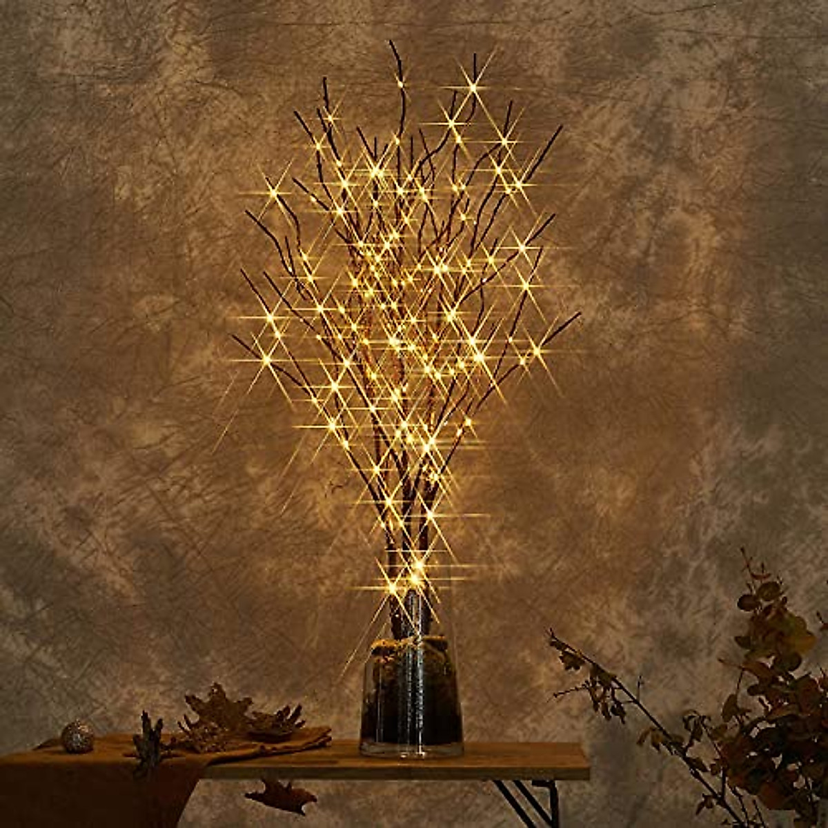 LITBLOOM Lighted Brown Willow Branches with Timer and Dimmer 2 Sets Tree Branch with Warm White Lights for Holiday and Party Decoration 32IN 150 LED Waterproof Plug in
