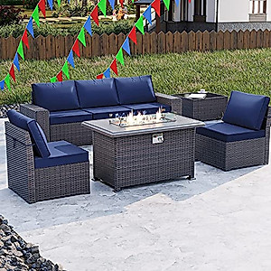 Kullavik 7 Pieces Outdoor Patio Furniture Set with 43" 55000BTU Gas Propane Fire Pit Table PE Wicker Rattan Sectional Sofa Patio Conversation Sets,Dark Blue