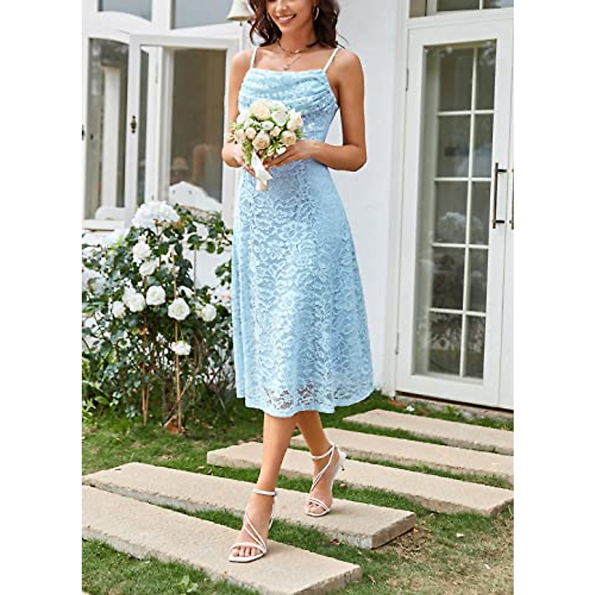 Women's Spaghetti Strap Cowl Neck Lace Dress Sleeveless Cocktail Wedding Guest Midi Dress M Blue