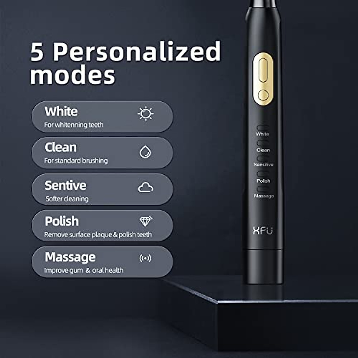 XFU Sonic Toothbrush for Adults and Kids, 3 Dupont Brush Heads, with 5 Modes and Waterproof IPX7, Battery Electric Toothbrush Build in 2 Mins Timer 40,000 VPM XF-2011 (Black)