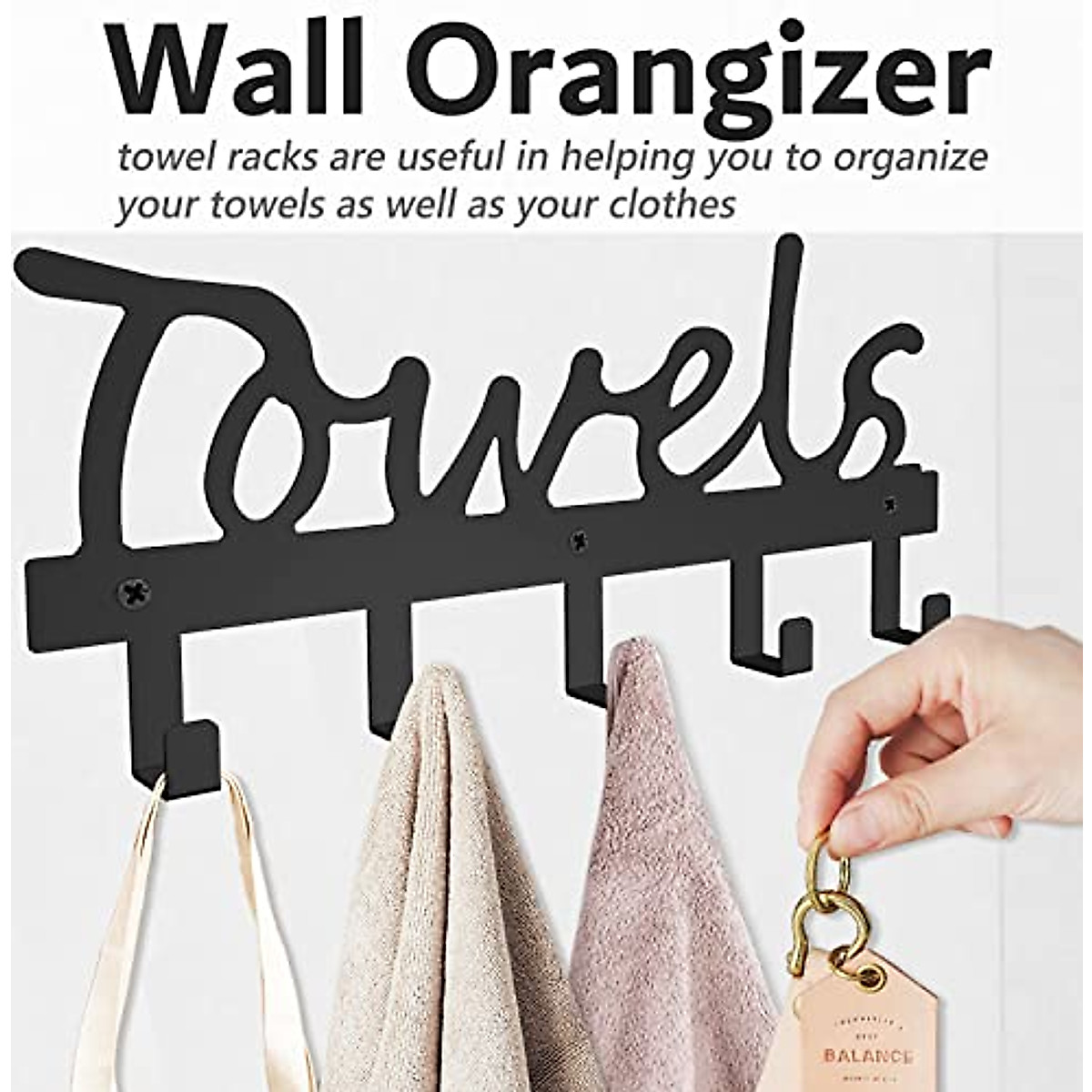 Towels Rack Hanger 5 Hooks Organizer Wall Mount Holder Black Metal Rustproof and Waterproof for Bathroom Storage Rack to Hang Your Towels Robes Clothing Black Space Saving