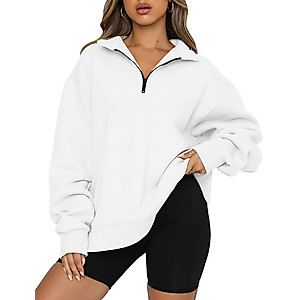EFAN Womens Oversized Sweatshirts Half Zip Pullover Long Sleeve Fleece Quarter Zip Sweaters Trendy Outfits Teen Girls Fall Y2K Clothes Tops White