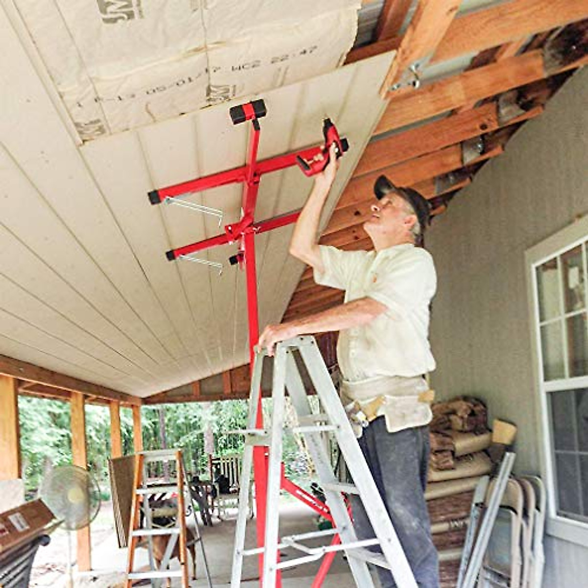 Drywall Lift 11' Drywall Panel Hoist Construction Rolling Caster Wheel Lockable Tool Jack Lifter Jack Drywall Lift Construction Tools (Red)