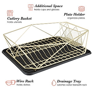 Kitchen Details Utensil Holder Tray Geode Deluxe Dish Drying Rack with Drain Board, Cutlery Basket, Iron Frame, Satin Gold
