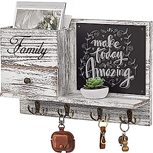 BEWISHOME Key Holder for Wall Decorative Mail Organizer Wall Mount with 4 Double Key Hooks, Wood Mail Holder with Shelf, Drawer, Chalk, Rustic Farmhouse Wall Shelf with Hooks, White, YYJ01W