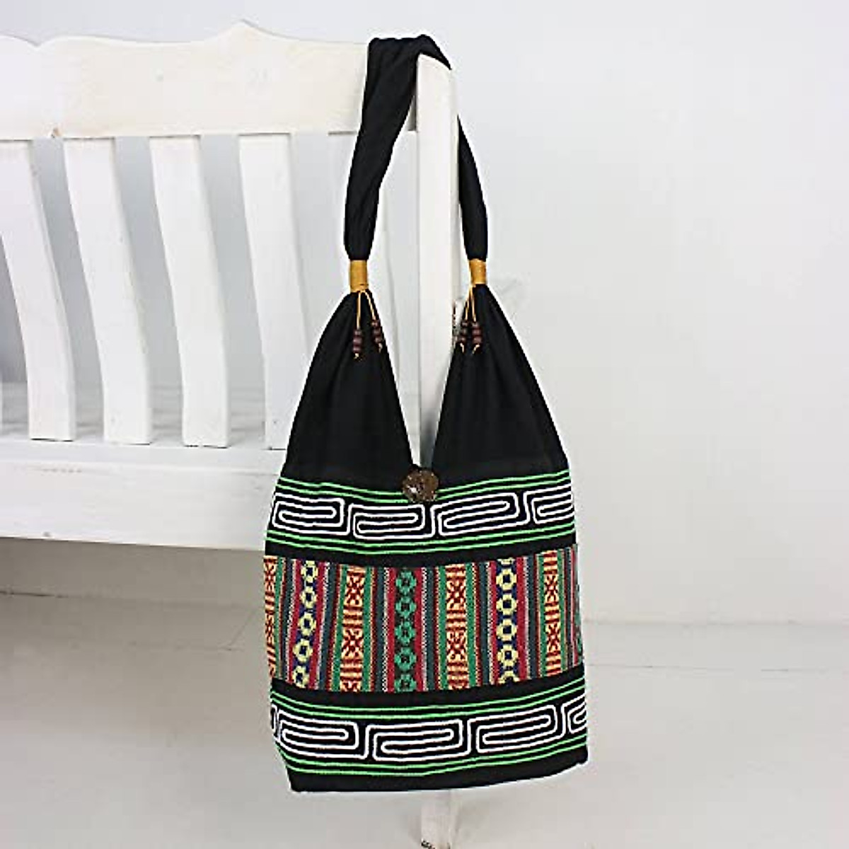 NOVICA Handmade Thai Hillside - Embroidered Multicolored Cotton Shoulder Bag, Tote Bag Large Shoulder Bag Top Handle Handbag with Yoga Mat Buckle for Gym, Work, School.