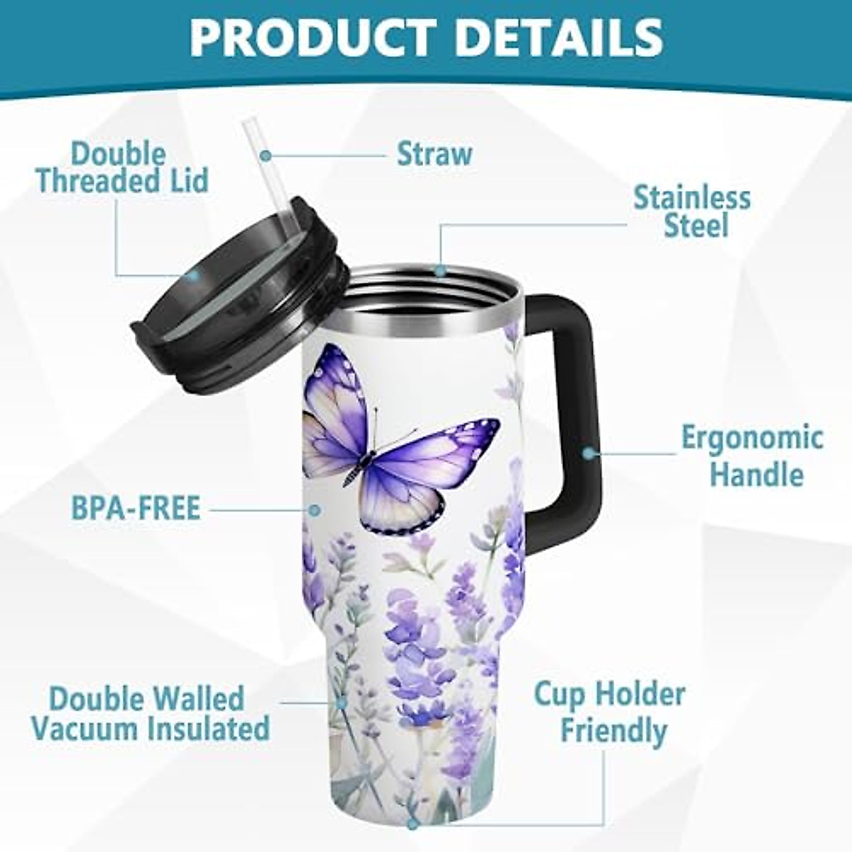 FRCSDIY Lavender Insulated Tumbler with Handle and Straw Lid,40oz Leakproof Stainless Steel Cup BPA-Free Water Bottle