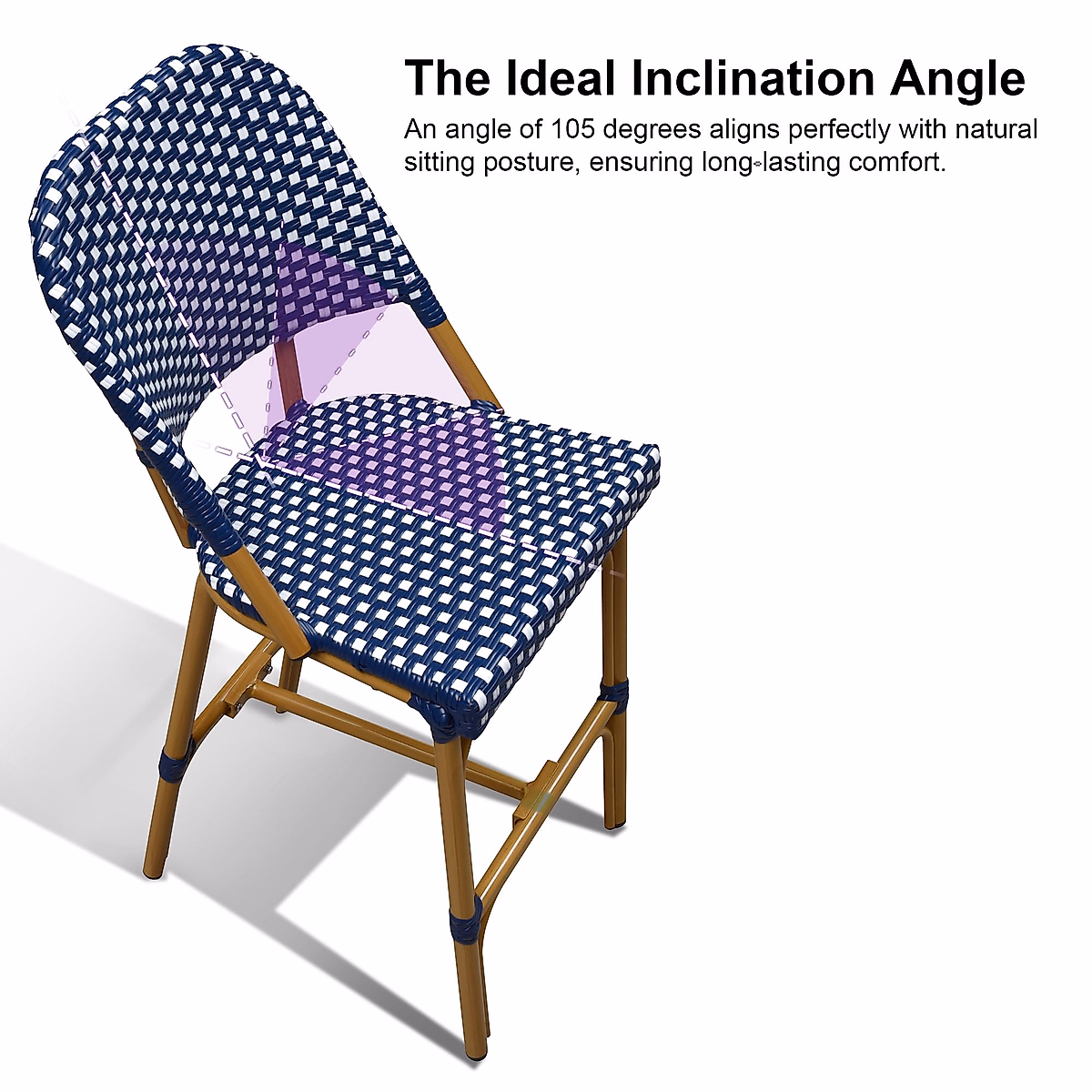 PURPLE LEAF French Country Outdoor Counter Height Bar Stools Set of 2 Patio Wicker 26 Inch High Bar Stool Chairs Metal Rattan Barstools with Ergonomic Backs for Garden Indoor Kitchen Island, Navy Blue