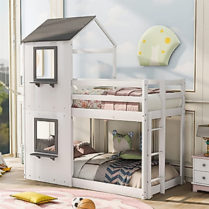House Bunk Beds, Twin Over Twin Bunk Bed Wooden Floor Bunk Bed Frame for Kids/Teens/Girls/Boys, White