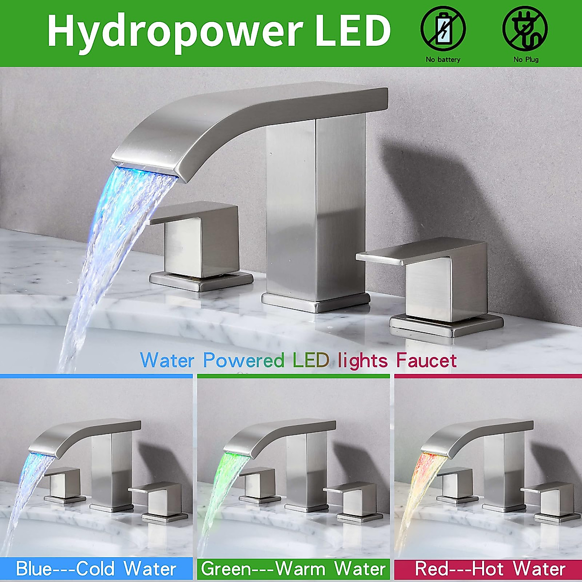 Skybathjoy LED Light Waterfall Bathroom Faucet 3 Hole, Brushed Nickel 8 Inch Widespread Bathroom Faucets & Parts, Modern 3 Piece Bathroom Sink Faucet, Touch On Faucet for Bathroom Vanity