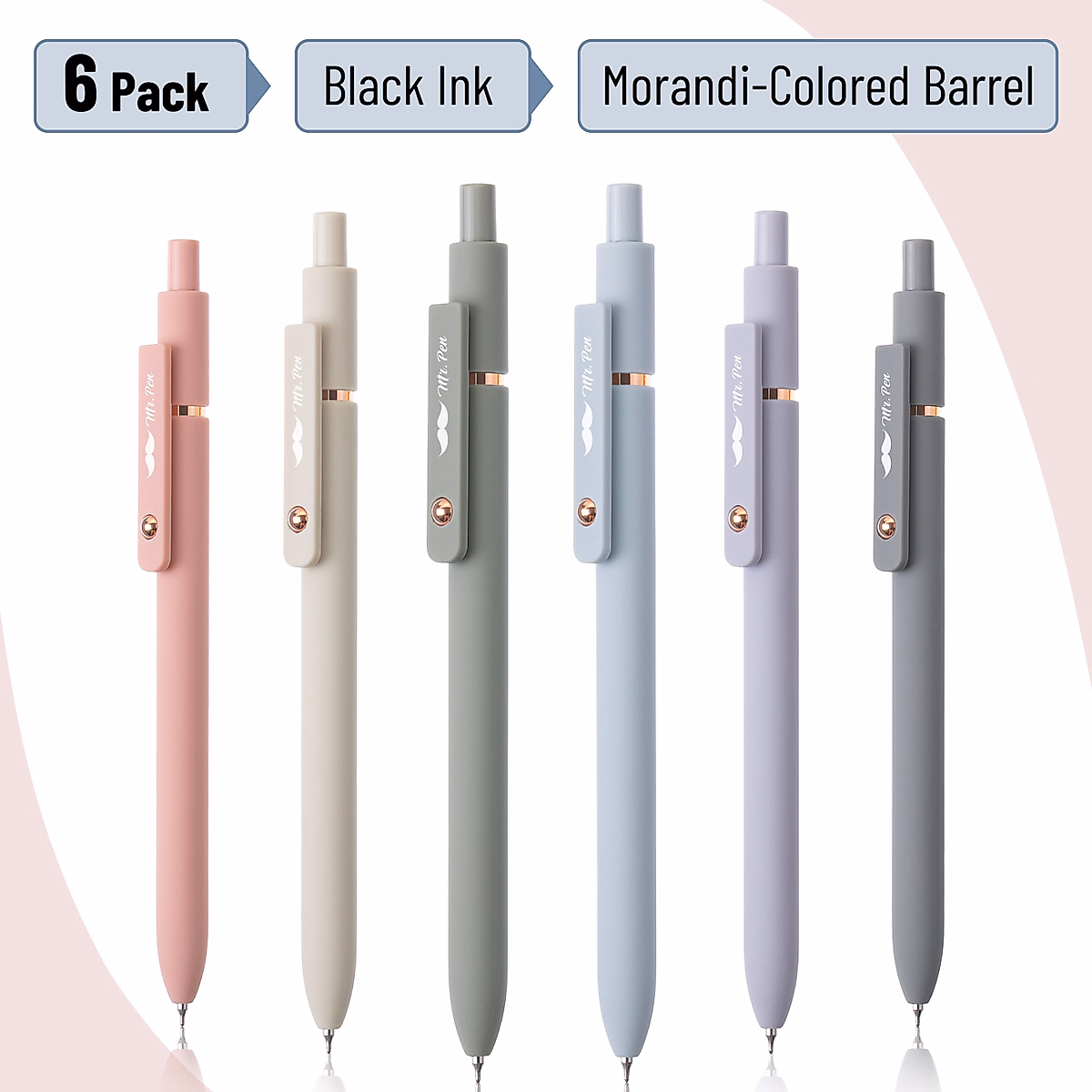 Mr. Pen- Retractable Gel Pens with Rose Gold Ring and Ball, 6 Pack, Morandi Barrels, Japanese Black Gel Pens, Fast Dry, Gel Pens Fine Point 0.5mm, Smooth Writing Aesthetic Pens for Journaling