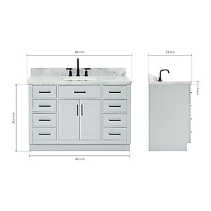 ARIEL Bathroom Vanity 49" Grey 1.5" Edge Italian Carrara Marble Countertop & Splash, Rectangular Sink, 2 Soft Closing Doors, 9 Full Extension Dovetail Drawers, Toe Kick, Matte Black