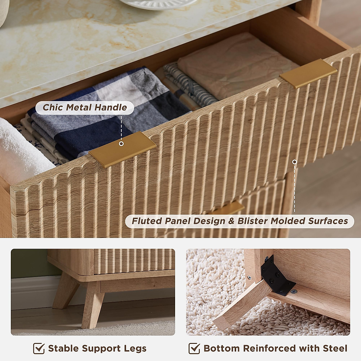 T4TREAM Fluted 6 Drawers Dresser, 54" Wide Modern Chest of Drawers with Faux Marble Top, Curved Profile Design, Dresser TV Stand, Wood Drawer Organizer for Bedroom, Living Room, Hallway, Natural Oak