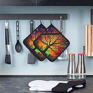 Mount Hour Potholders, Rainbow Tree of Life Colorful Forest Tree Baking Pot Holder for Cooking BBQ, 2-Piece Set