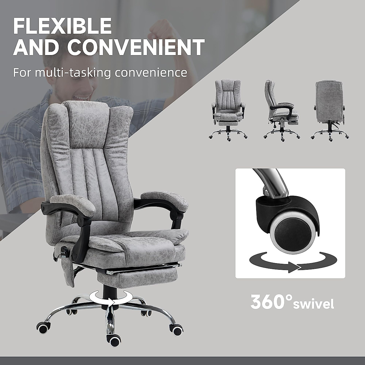 Vinsetto Microfiber Office Chair, High Back Computer Chair with 6 Point Massage, Heat, Adjustable Height and Retractable Footrest, Grey