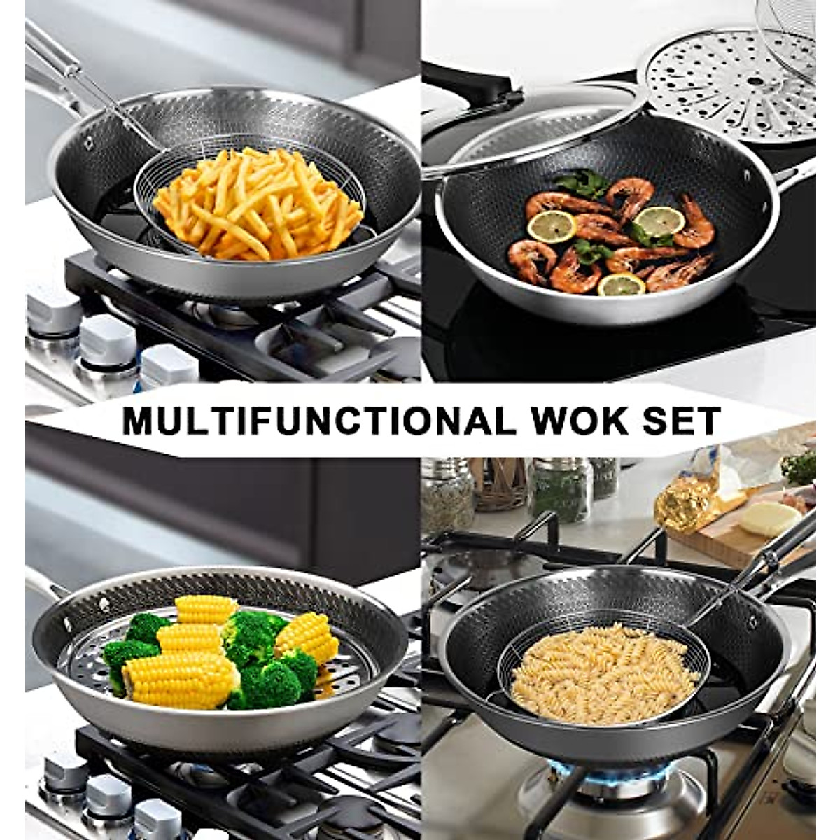 MICHELANGELO Wok Pan with Lid, 12 Inch Stainless Steel Wok Set with Spider Strainer and Steaming Rack, Honeycomb Woks & Stir-fry Pans Flat Bottom Wok Induction Compatible, Dishwasher and Oven Safe