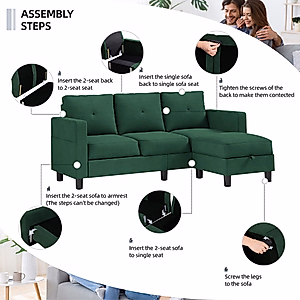Shintenchi Convertible Sectional Sofa Couch, Modern Linen Fabric L-Shaped, 3-Seat Sofa Sectional with Reversible Chaise for Living Room, Apartment and Small Space (Green)