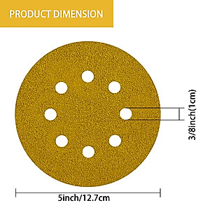 YEHBS 150PCS Gold Sanding Discs Set, 5-Inch 8-Hole Sandpaper for Random Orbital Sander, Including 60,80,120,150,240,320,400 Grit, for Automotive or Woodworking