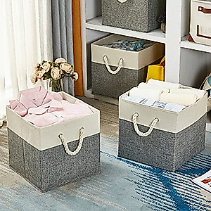 Onlycube Foldable Fabric Storage Bins 13x13x13 inch for Cube Organizer with Cotton Rope Handles, Collapsible Basket Box Organizer for Shelves and Closet, Beige/Grey, 4Pack