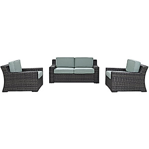 Crosley Furniture Beaufort Beaufort 3-Piece Outdoor Loveseat Patio Furniture Set, Wicker Conversation Sets for Porch, Brown with Mist Cushions