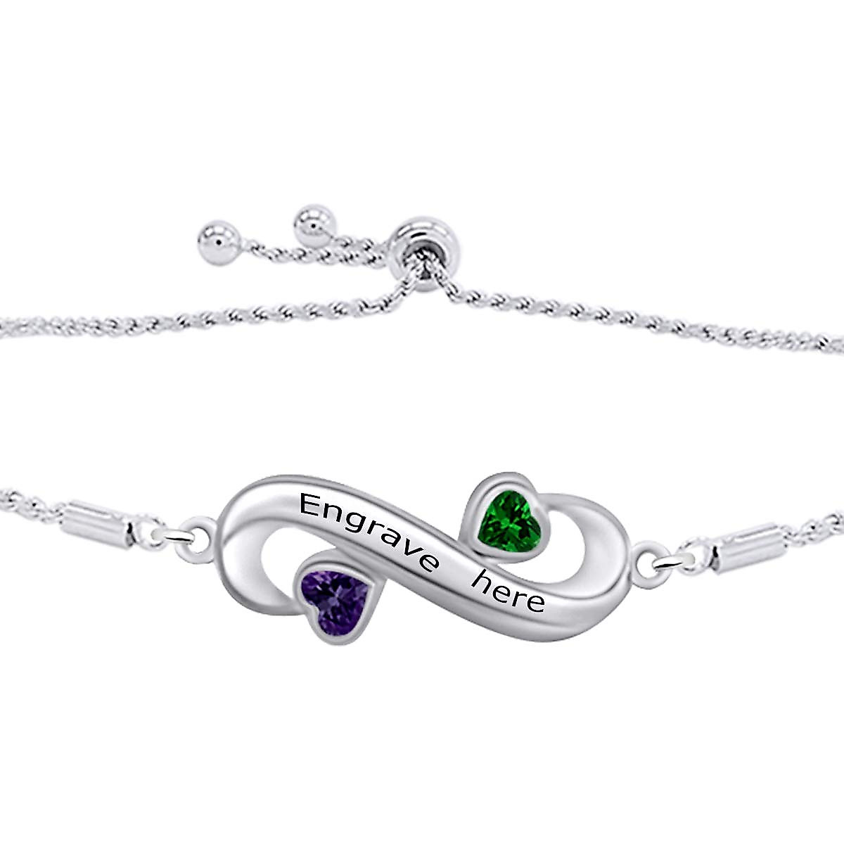 AFFY Mother's Day Jewelry Gifts Personalized Simulated Birthstone Name Engraved Double Heart Infinity Bolo Bracelet 14k White Gold Plated Sterling Silver