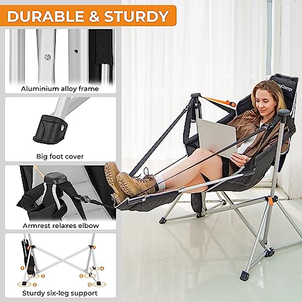 KingCamp Hammock Camping Chair, Aluminum Alloy Adjustable Back Swing Chair Hold Up to 300lbs, Folding Rocking Chair with Removable Footrest Pillow Cup Holder for Adults Outdoor Travel Beach Lawn