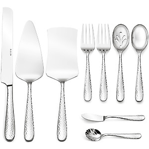 Hudson Essentials 9-Piece Bergamo Hammered 18/10 Stainless Steel Hostess Serving Utensil Set - Flatware Silverware with Wedding Cake Knife & Cake Server - Perfect for Weddings, Engagements and Parties