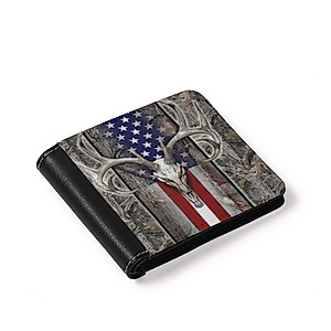 LedBack Deer American Flag Camo Print PU Leather Men's Slim Bi-fold Wallet with Credit Card Holder