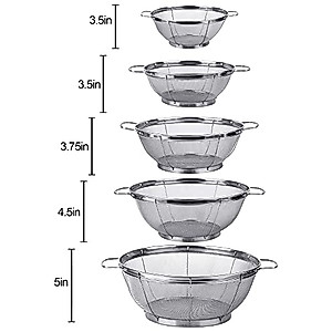 5 Pack 18/8 Stainless Steel Colander Sieves, Multi Size Mesh Strainer Net Baskets with Handles & Resting Base for Strain, Drain, Rinse or Steam