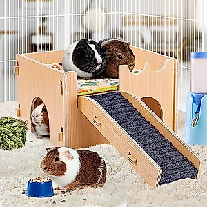 Guinea Pig Castle, Wooden Guinea Pig Hideout with Cave Stairs & Mat, Small Animal House Bed Hut Habitats for Hamsters Bunny Chinchillas Playing Sleeping Hiding