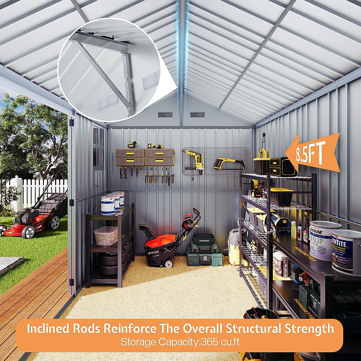 Jocisland 8.5x7.1x7.5 FT Galvanized Steel Outdoor Storage Shed, Lockable Double Hinged Doors and 4 Vents, Metal Shed for Backyard Storage, Dark Black/White