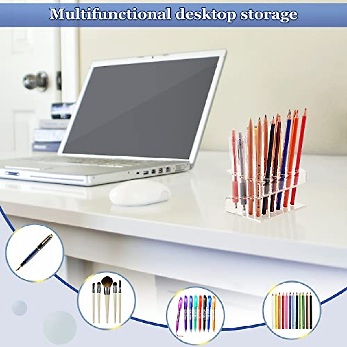 Fitlyiee Clear Acrylic Brush Display Pen Holder Z shaped Pen Organizer for Markers Coloured Pencils Paint Brushes Makeups (24 Slots)