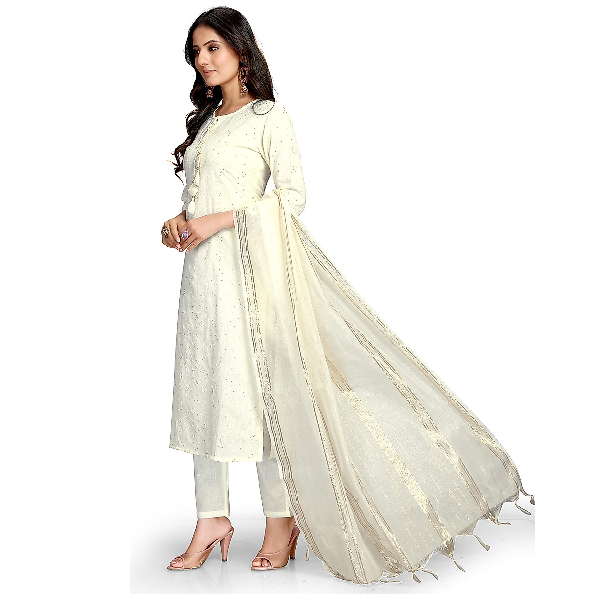 Rajnandini Women's Pure Cambric Cotton Embroidered Kurta Set With Dupatta (JOPLVL214-XXL_Off-White_XXL)