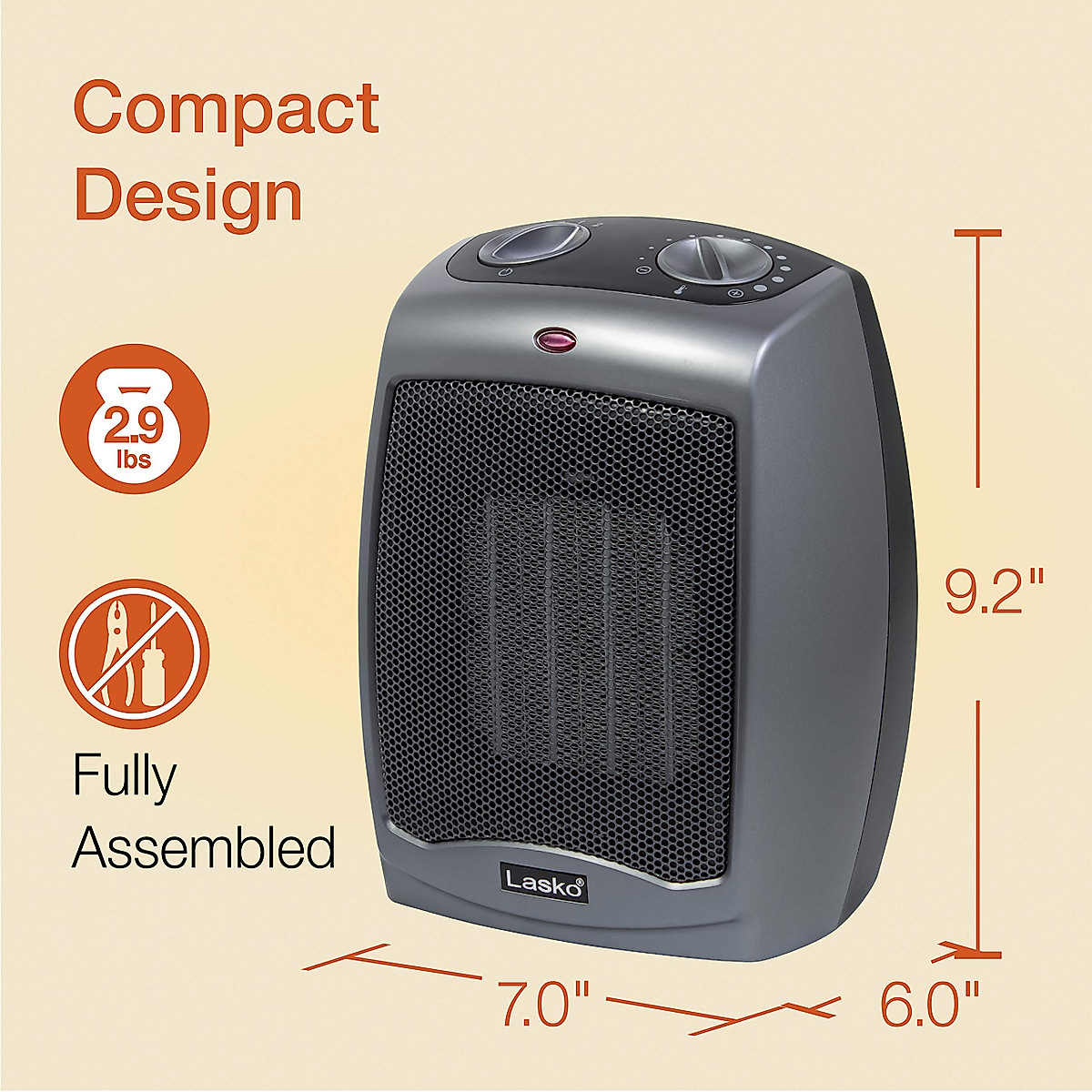Lasko 754201 Small Portable 1500W Electric Ceramic Space Heater with Tip-Over Safety Switch, Overheat Protection, Thermostat and Extra Long 8-ft Cord for Indoor Ho, 9.2 x 7 x 6 inches, Gray