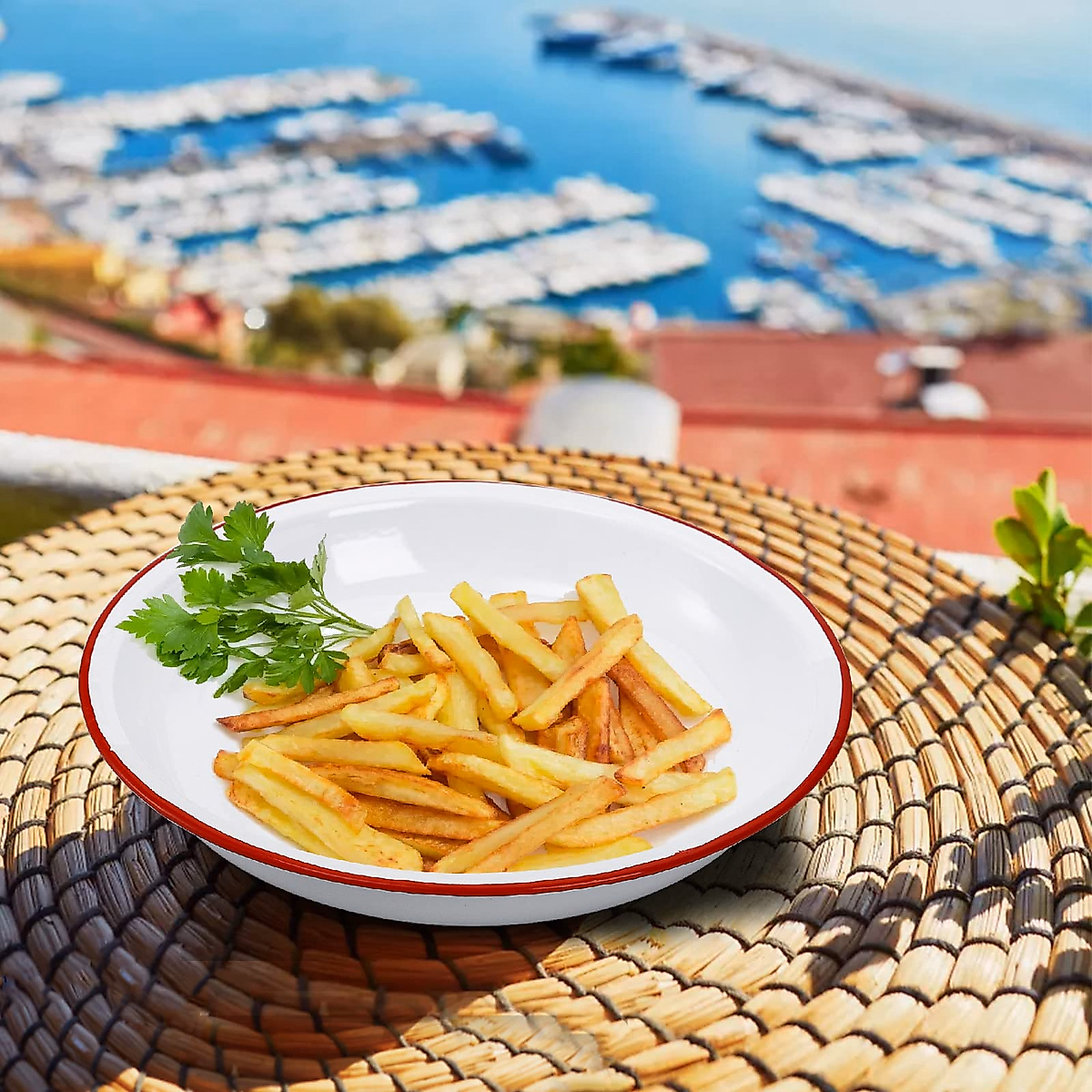 Lawei Set of 4 Enamel Dinner Plates, 10 Inch Round Enameled Camping Plate with Red Rim, Retro Salad Pasta Bowls Enamel Deep Dinner Serving Platter for Dinner, Outdoor, Picnic, BBQ, Butter