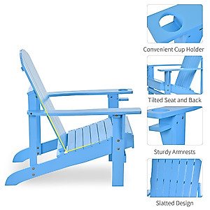 Outsunny Wooden Adirondack Chair, Outdoor Patio Lawn Chair with Cup Holder, Weather Resistant Lawn Furniture, Classic Lounge for Deck, Garden, Backyard, Fire Pit, Blue