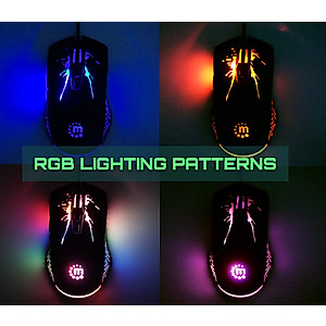 MANHATTAN Wired RGB Gaming Mouse – Long 5 ft Braided USB Cable, 7200 DPI, Ergonomic Gamer Optical Mouse with Light Up LED -for Windows PC and Laptop Computer- Black – 3 Yr Mfg Warranty –190121