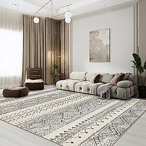 Area Rugs 9x12 Living Room: Large Machine Washable Rug with Non-Slip Backing Non Shedding Stain Resistant, Soft Geometric Moroccan Carpet for Dining Room Bedroom Nursery Home Office-Deep Gray/Cream