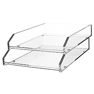 Kantek Clear Acrylic Double Letter Tray, 2 Tier Stackable Desk Organizer, Front loading, 10.6" x 13.9" x 4.8", Non-Skid Feet, Office Organizer, Desk Accessory