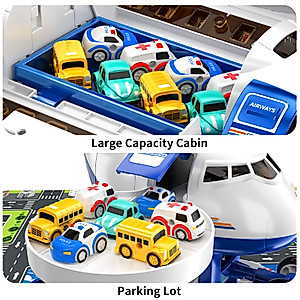 TEMI Kids Airplane Toys Race Tracks Car Toys for 3 4 5 6 7 Boys - Transport Airplane Adventures Car Toys for Toddler Age 2-6 with 8 City Cars, Garage Parking Lot Playmat, Birthday Gifts for Girls
